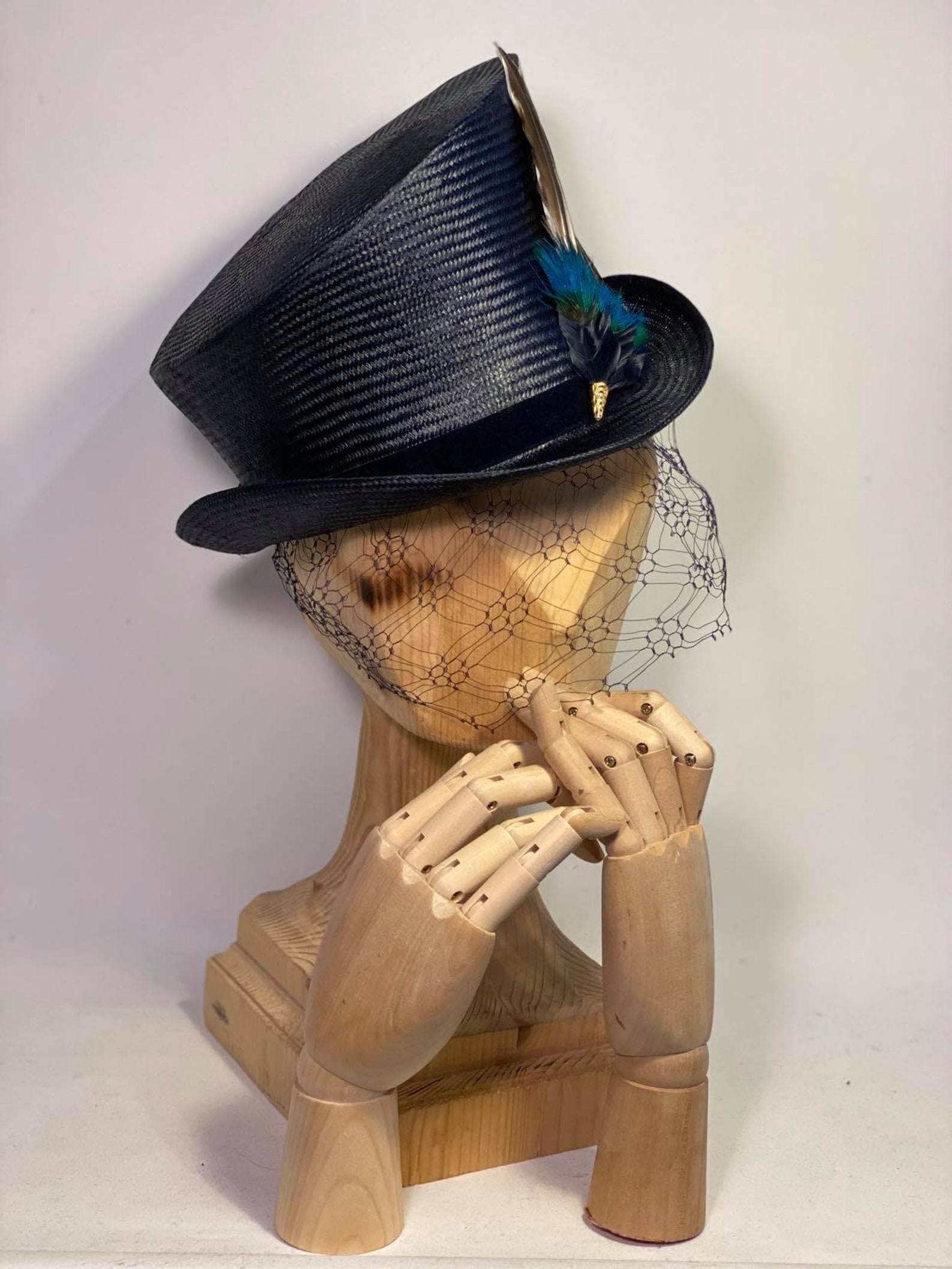 Navy Top Hat With Handmade Feather Adornment and Vintage Veil ...