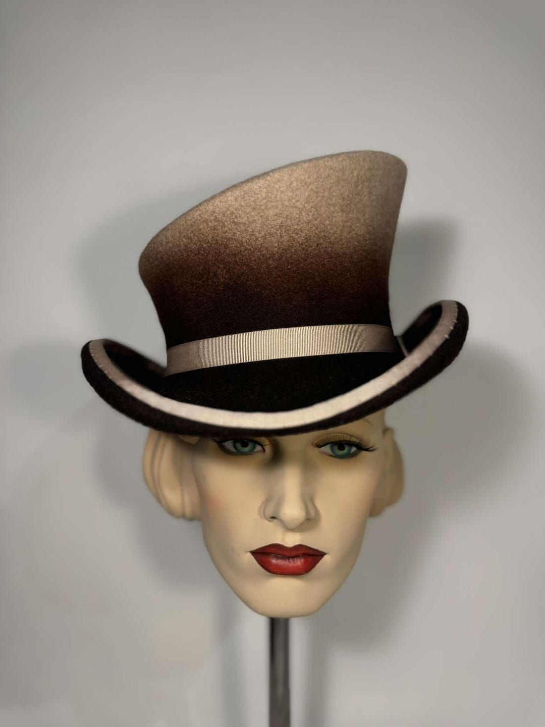Asymmetric Top Hat, Two Shaded: Brown and Beige, Wool Felt Hat, Women ...