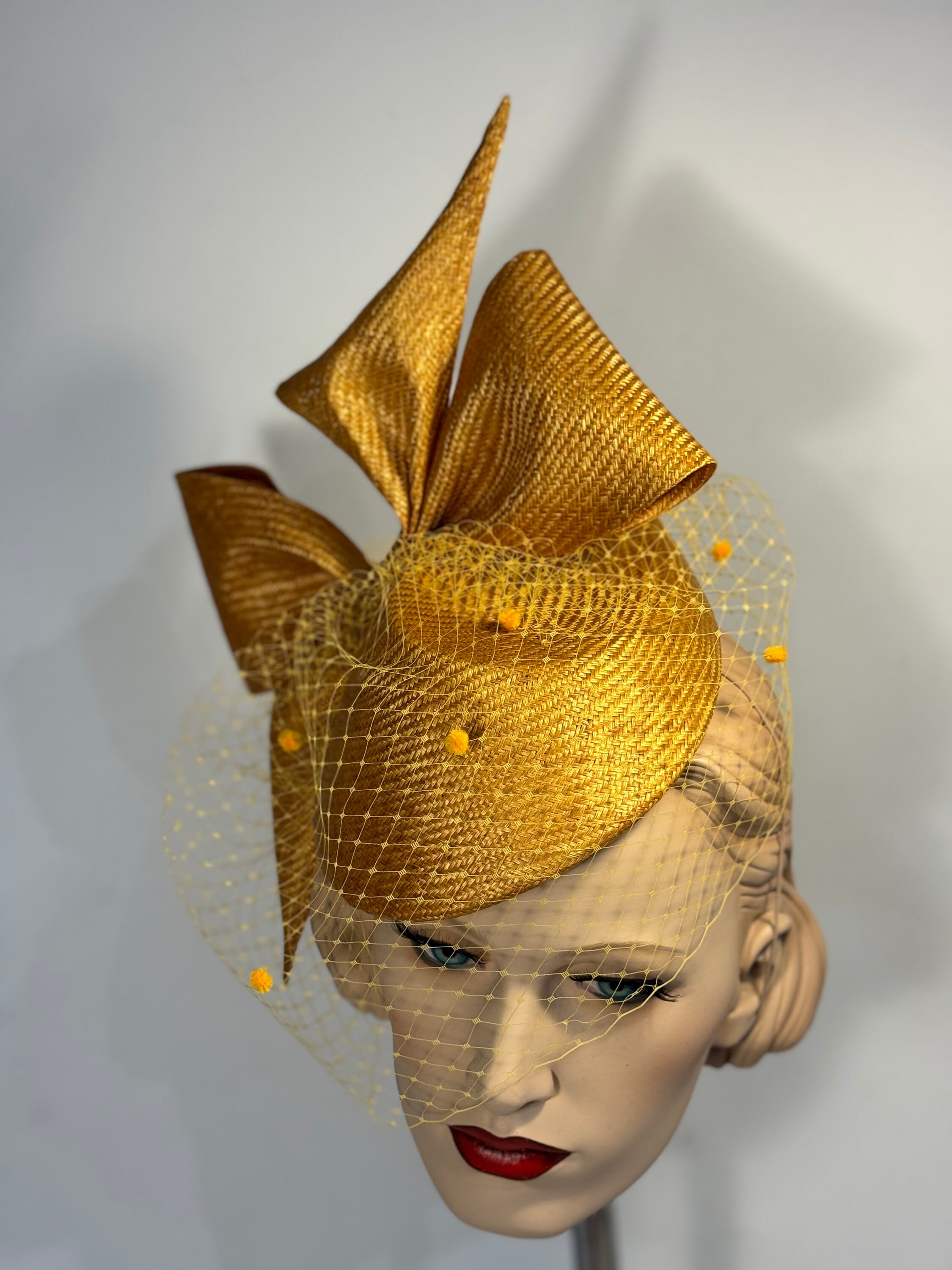 Couture Parasisal Fascinator With Bow, Headpiece, Old Gold, Mustard ...