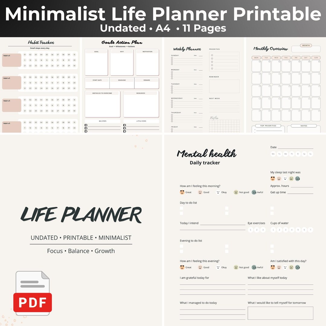 Minimalist Undated Life Planner Printable | A4 | Daily Weekly Monthly ...