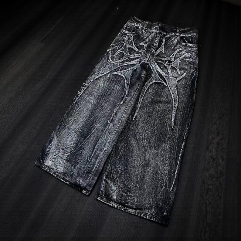 Spider Web Baggy Jeans Wide Leg Denim Y2K Gothic Pants Oversized ...