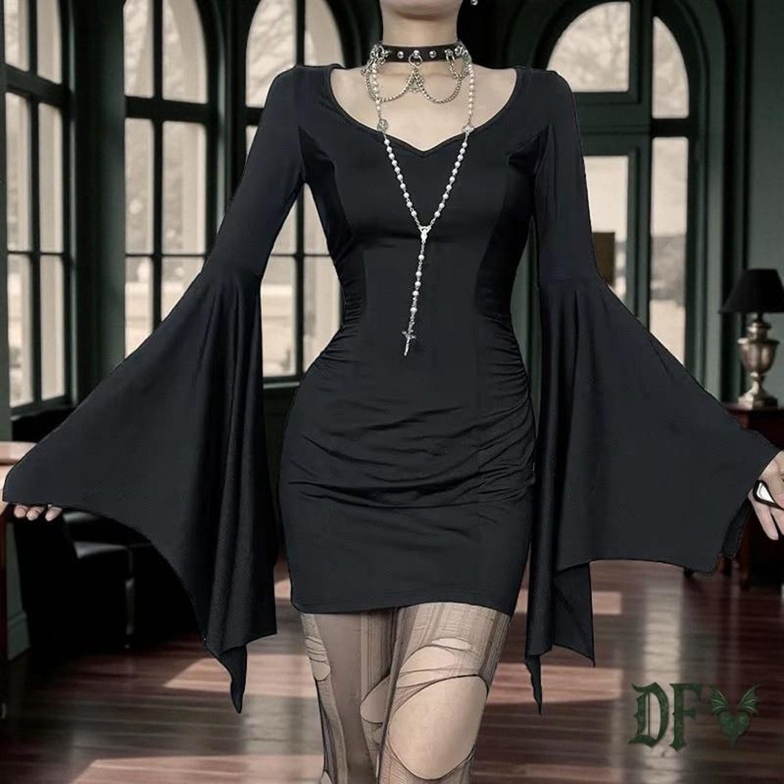 Gothic Batwing Mini Dress, Pleated Bodycon, Alt Partywear - Etsy