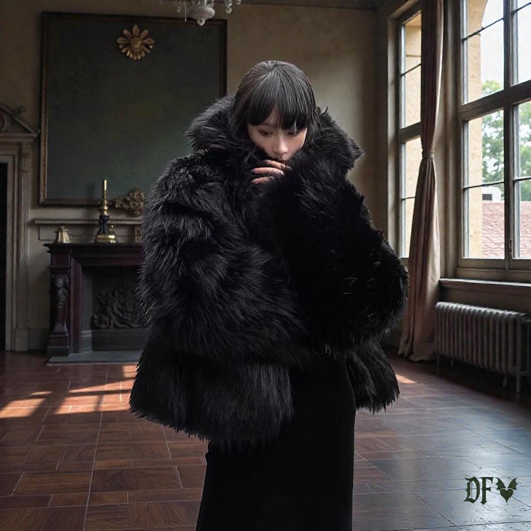 Black Faux Fur Gothic Coat – Pike Design, Turn-down Collar - Etsy