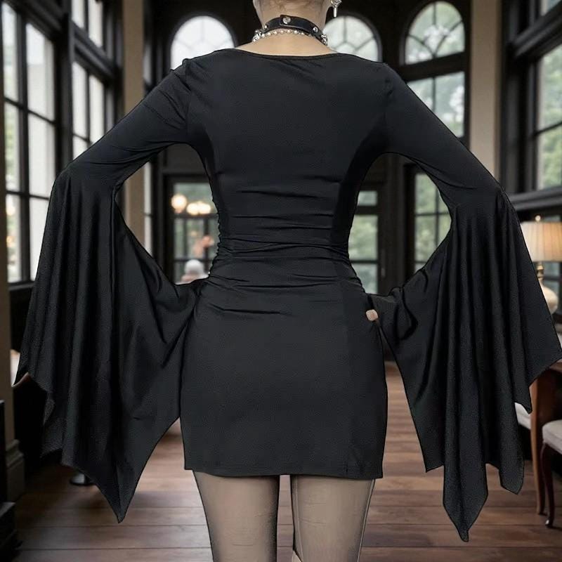 Gothic Batwing Mini Dress, Pleated Bodycon, Alt Partywear - Etsy