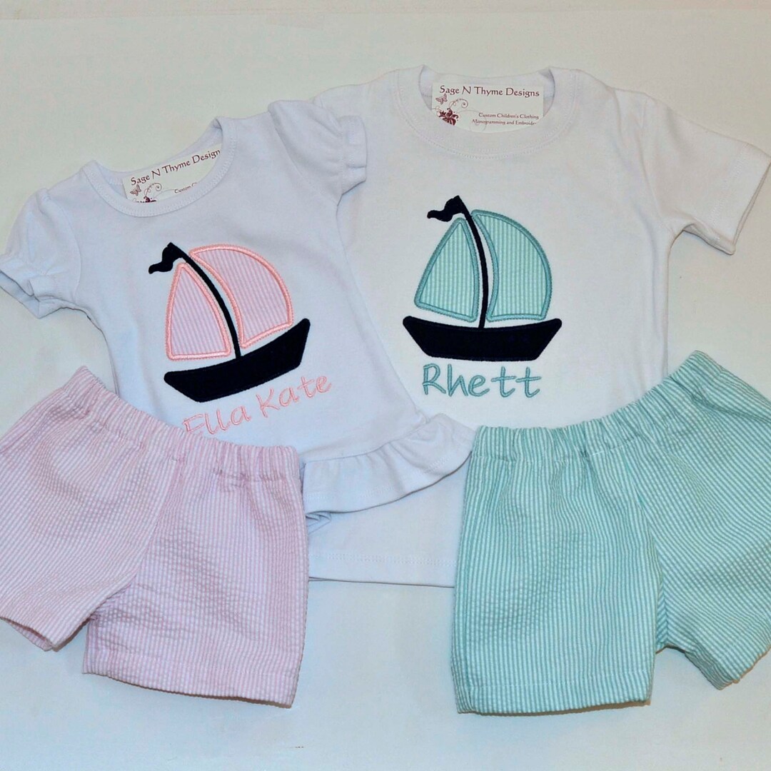 Sibling Matching Beach Outfit, Sailboat Summer Seersucker Shirt With ...