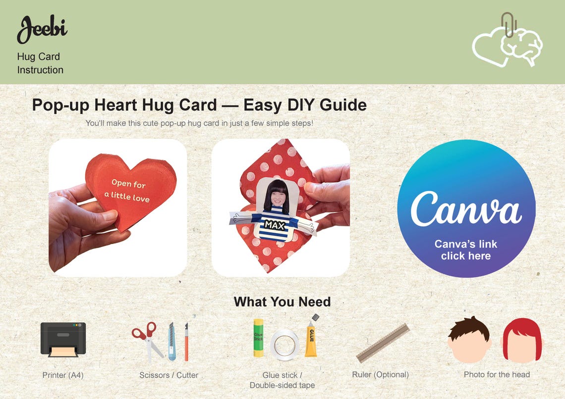 DIY Photo Hug Card Template • Printable Pop-up Heart (digital Download ...