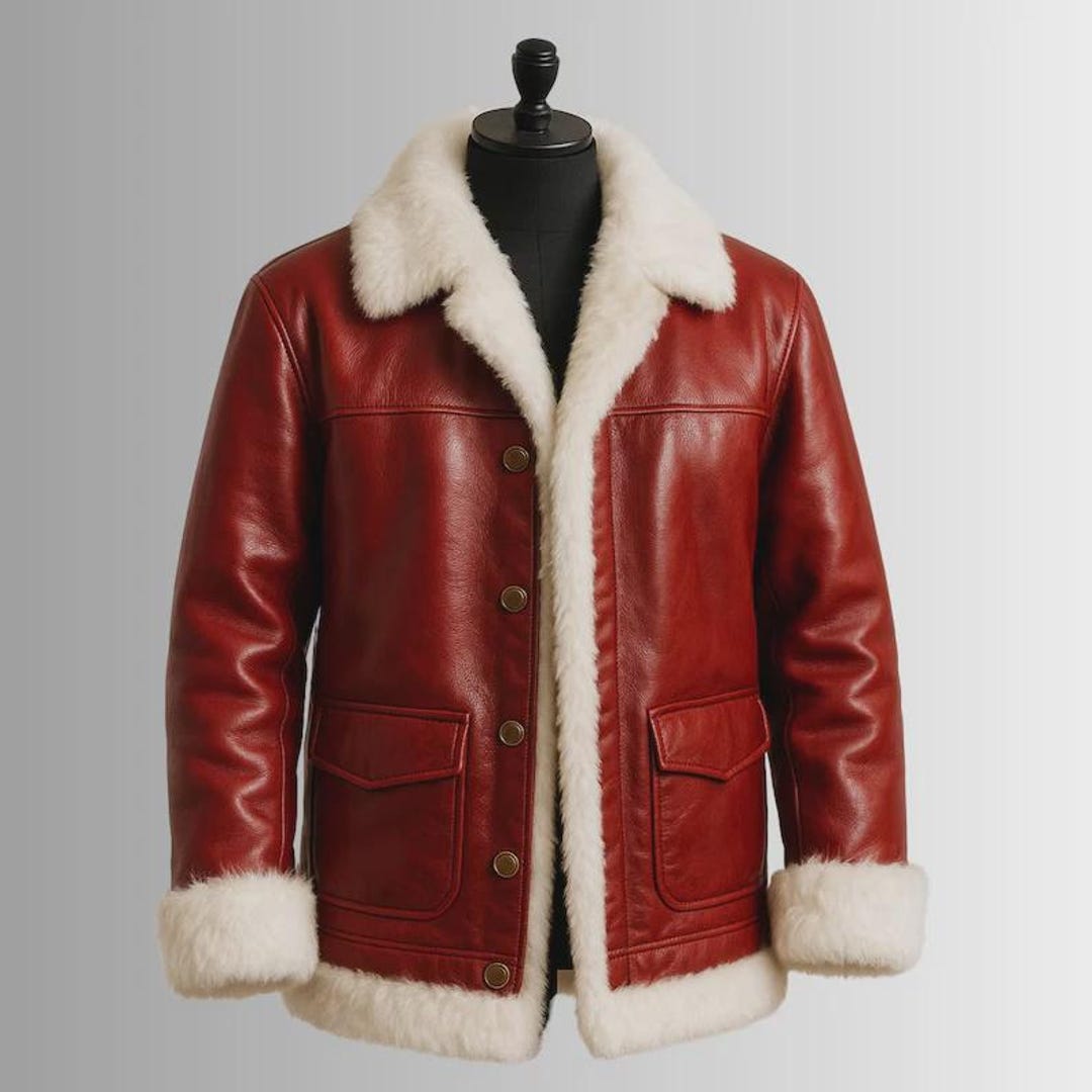 Men’s Santa Red Leather Jacket – Christmas Shearling Coat, Fur Trim ...