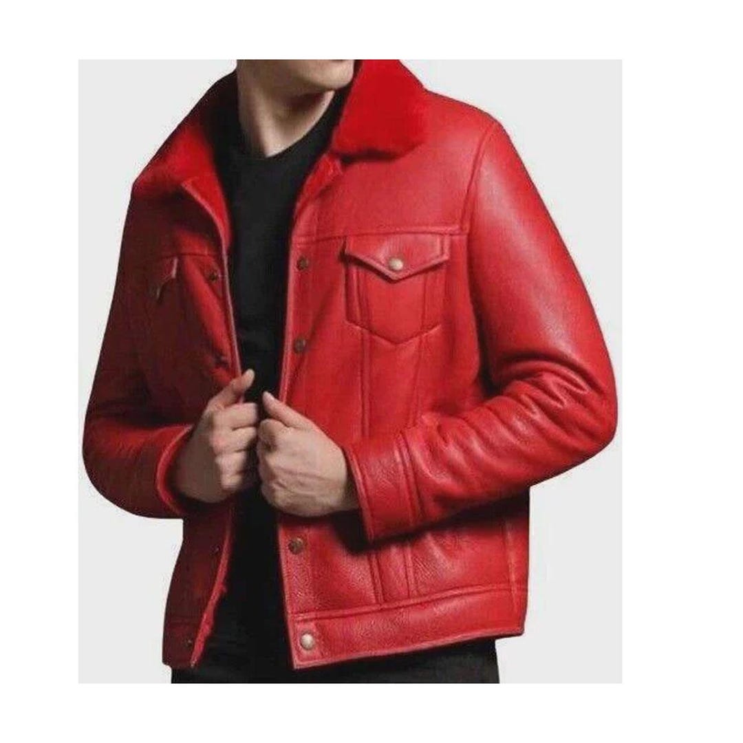 Red Shearling B3 Flight Jacket – Men’s Leather Bomber- Winter Coat ...