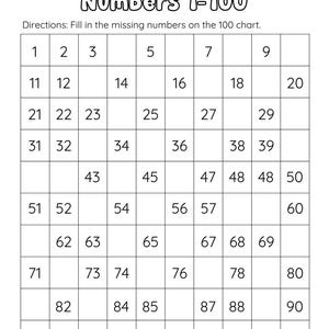 12 Printable Missing Numbers Chart 1–100, Counting to 100, Kindergarten ...