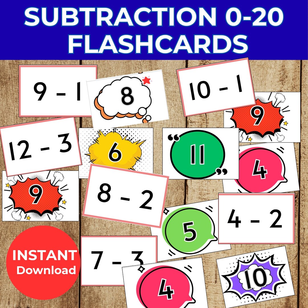Subtraction Flashcards 0–20,1-20 for Kids, Math Facts Practice ...
