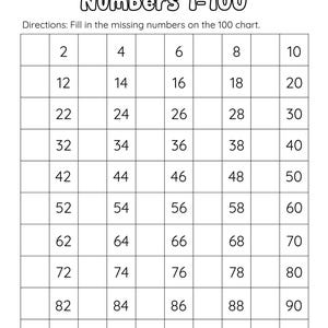 12 Printable Missing Numbers Chart 1–100, Counting to 100, Kindergarten ...