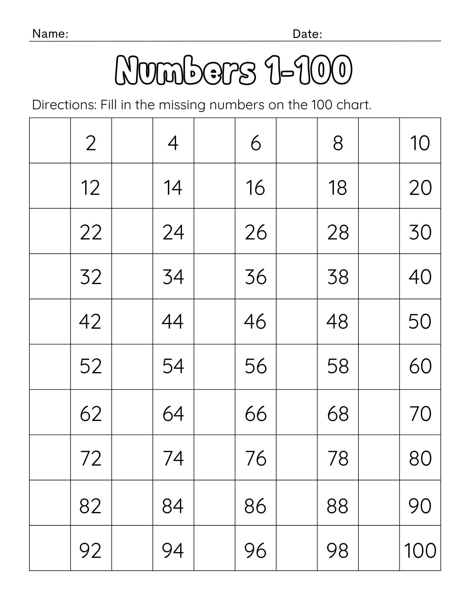 12 Printable Missing Numbers Chart 1–100, Counting to 100, Kindergarten ...