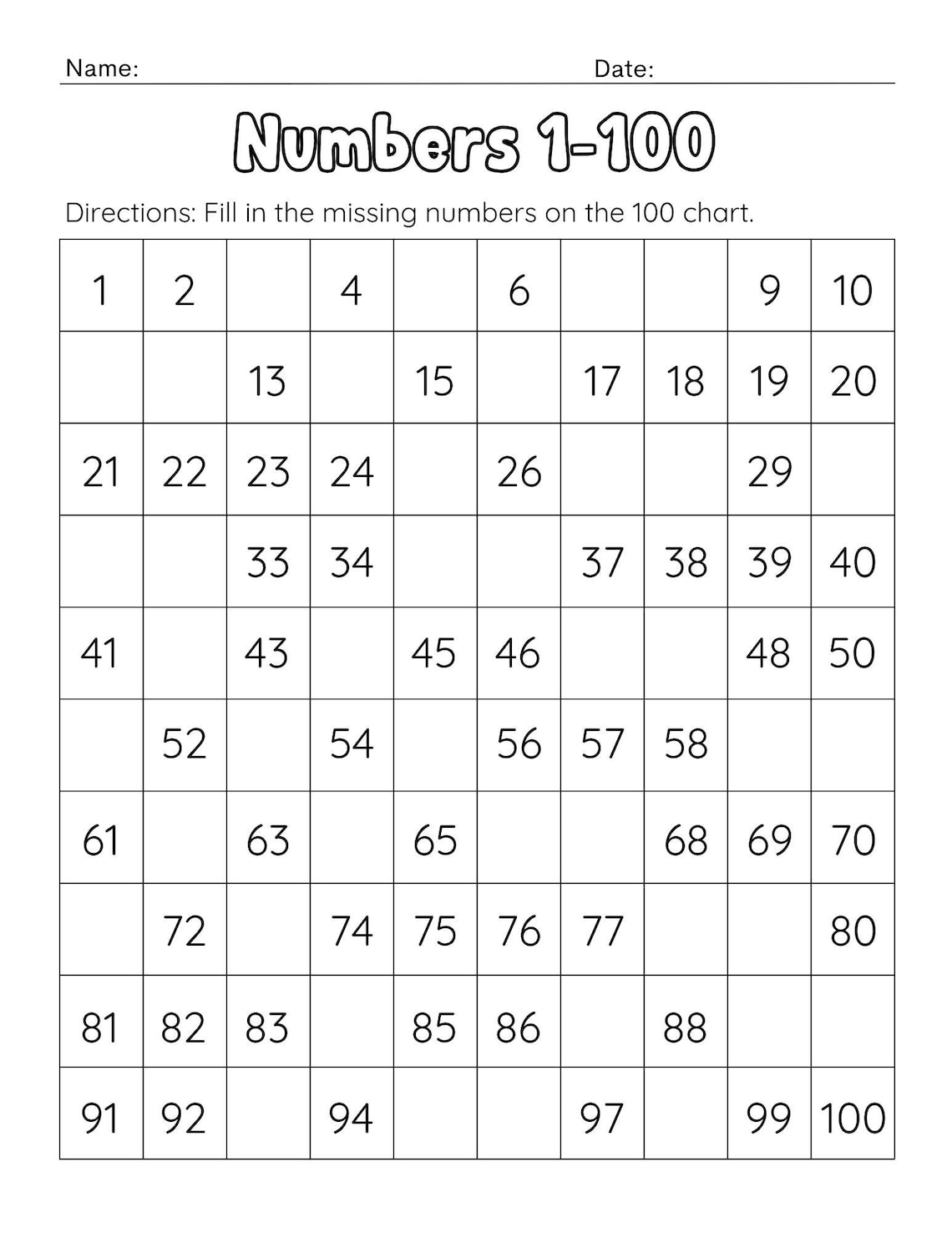 12 Printable Missing Numbers Chart 1–100, Counting to 100, Kindergarten ...