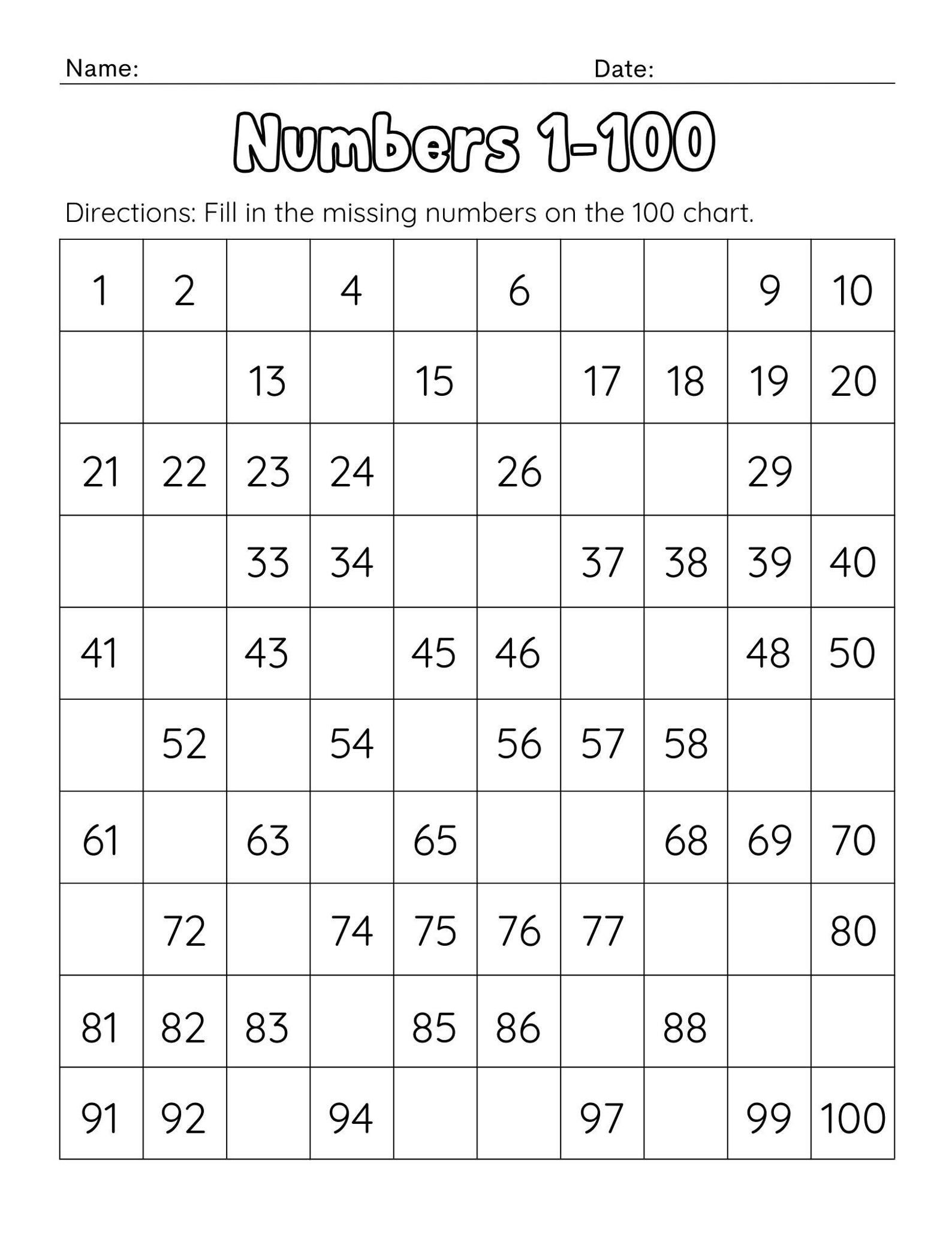 12 Printable Missing Numbers Chart 1–100, Counting to 100, Kindergarten ...