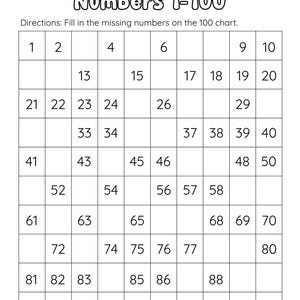 12 Printable Missing Numbers Chart 1–100, Counting to 100, Kindergarten ...