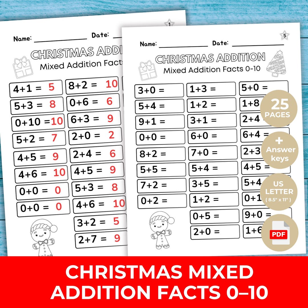 Christmas Addition Worksheets 0–10, Math Facts Practice | 25 Printable ...