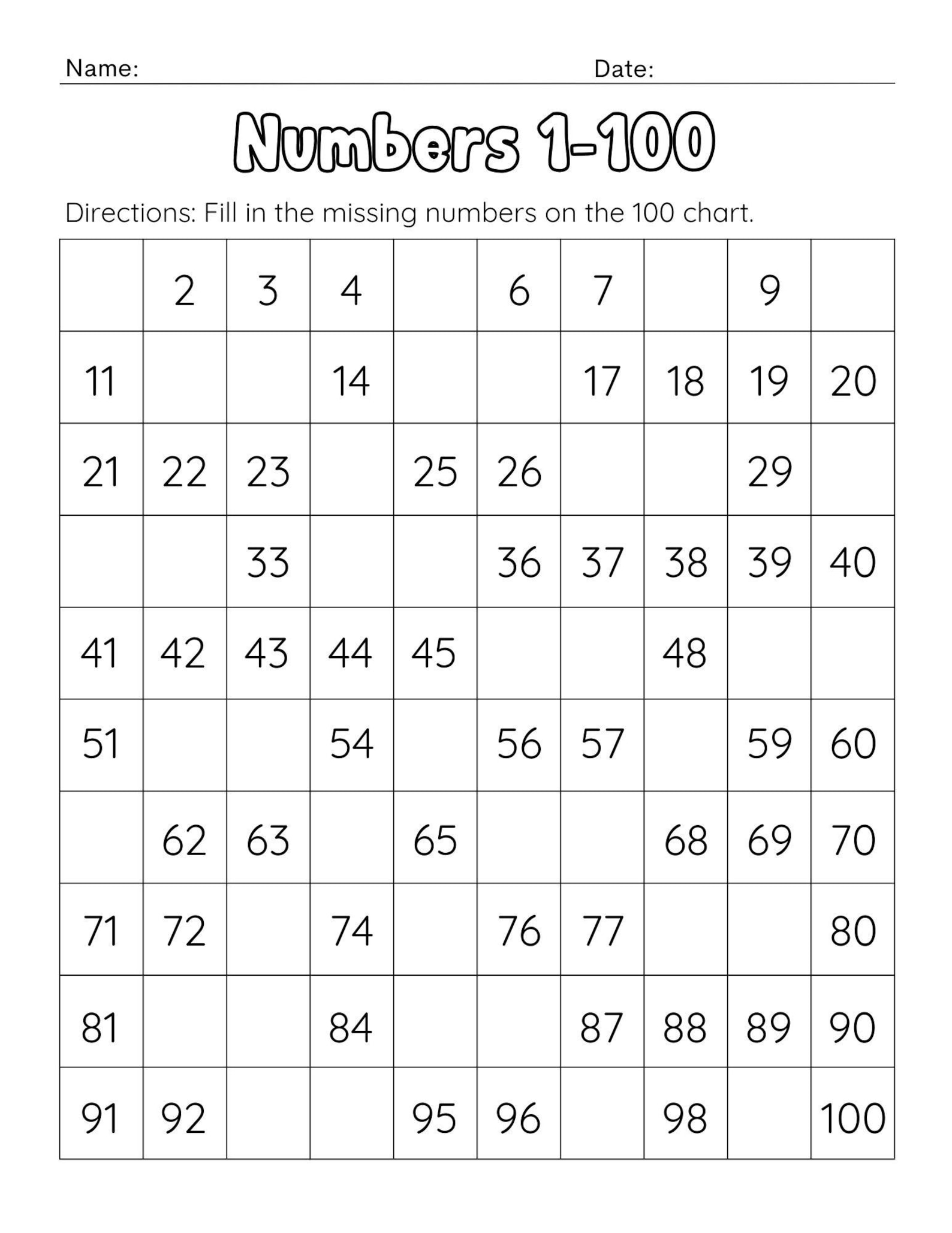 12 Printable Missing Numbers Chart 1–100, Counting to 100, Kindergarten ...