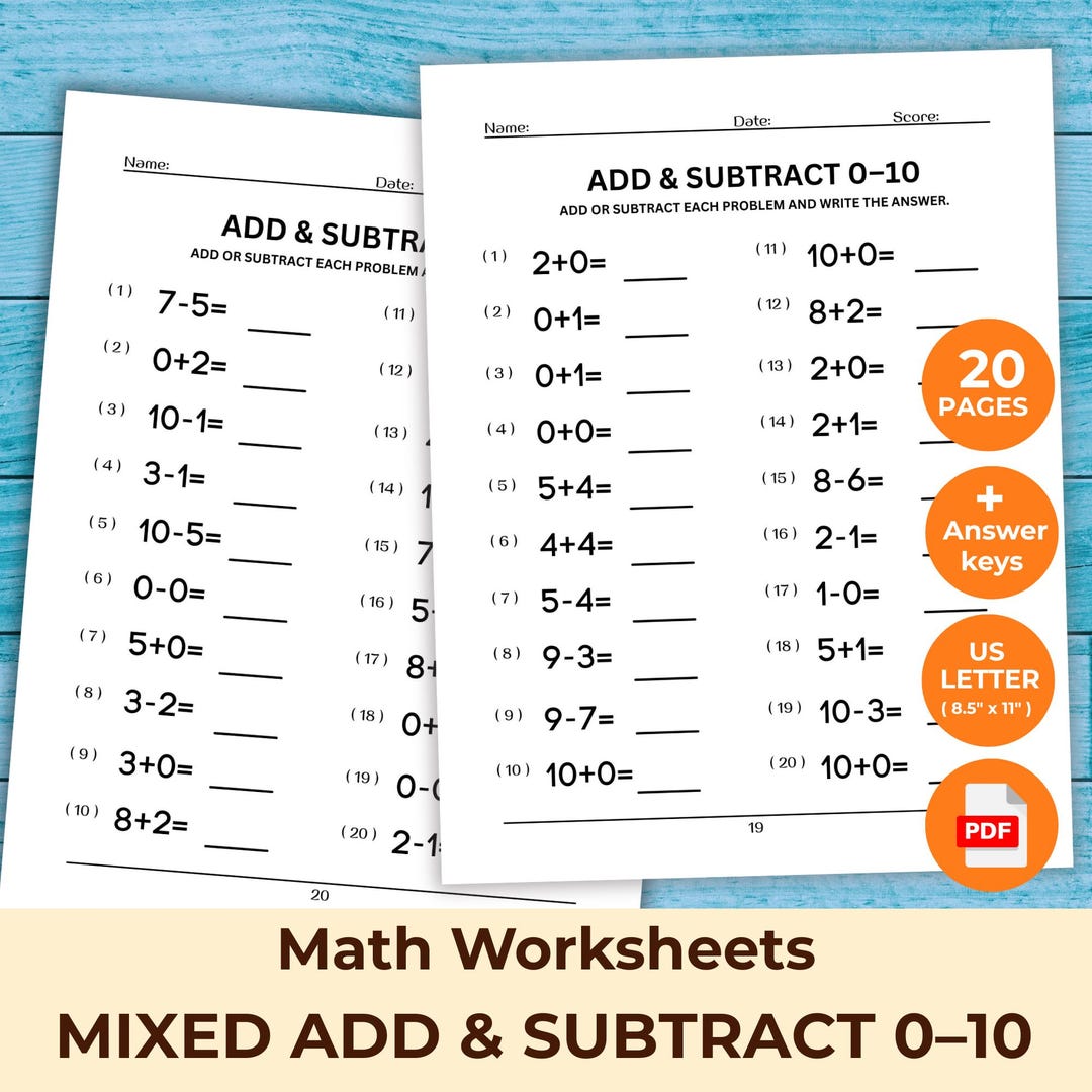 Mixed Add & Subtract 0–10 Worksheets | 20 Pages + 20 Answer Keys ...