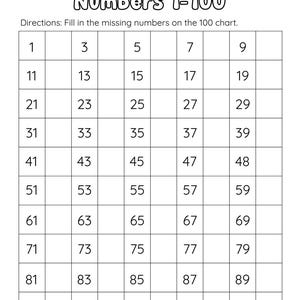 12 Printable Missing Numbers Chart 1–100, Counting to 100, Kindergarten ...