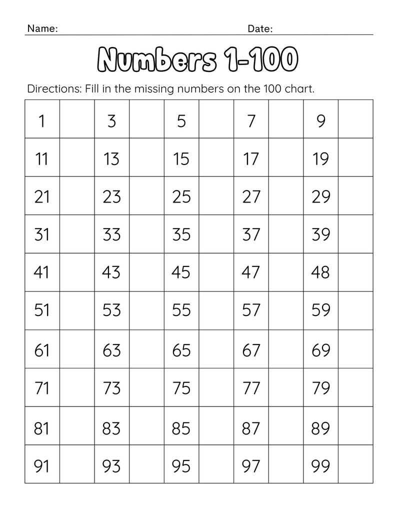 12 Printable Missing Numbers Chart 1–100, Counting to 100, Kindergarten ...