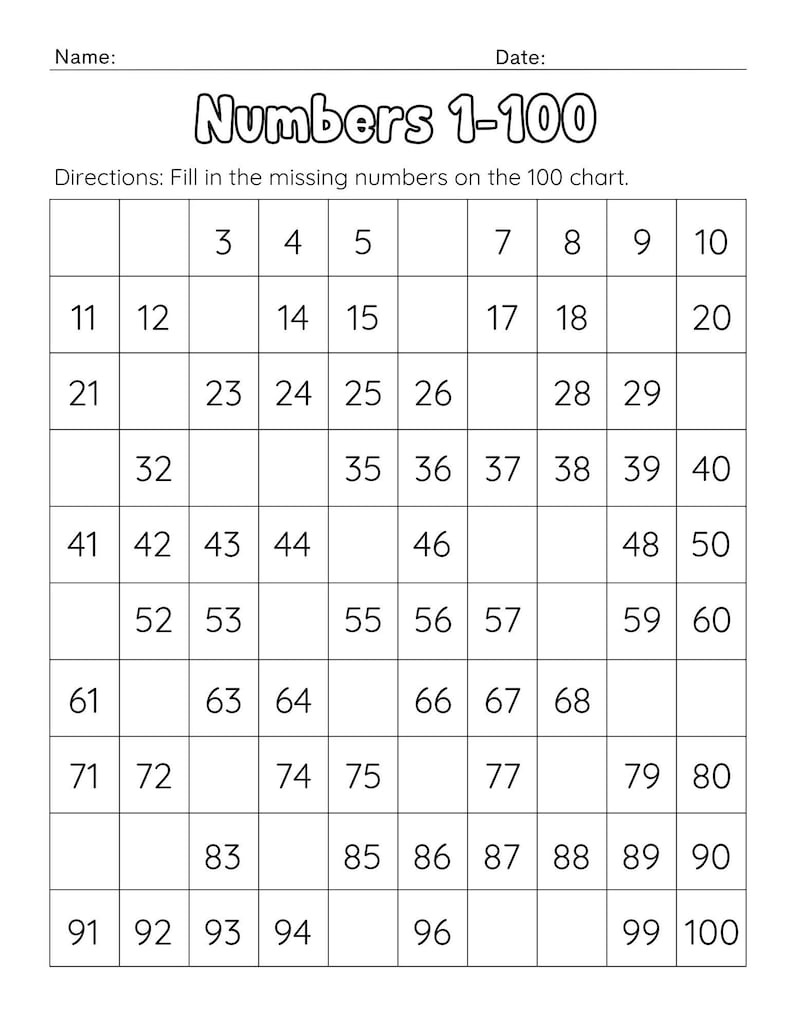 12 Printable Missing Numbers Chart 1–100, Counting to 100, Kindergarten ...