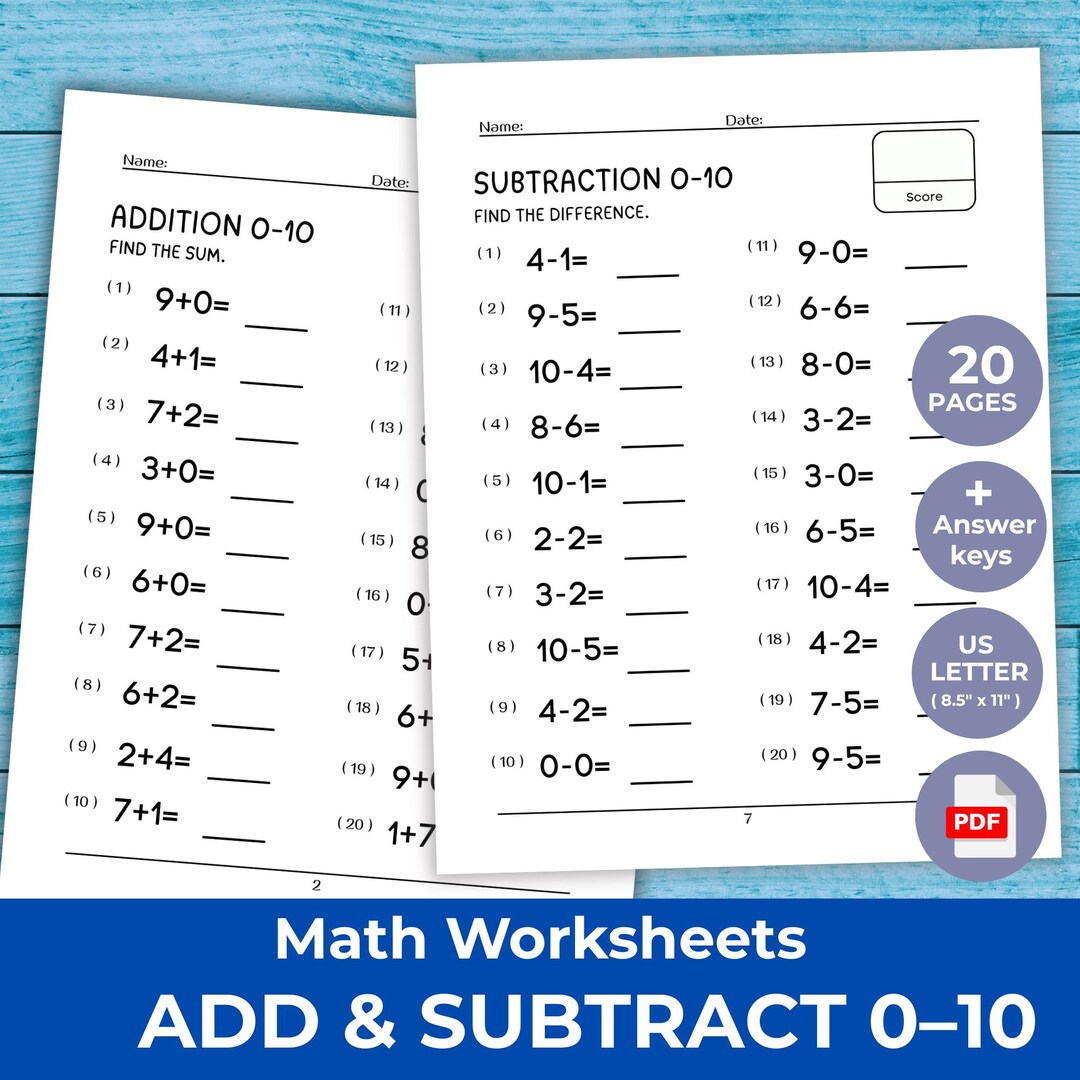 Add & Subtract Worksheets 0–10 With Answer Keys, Math Facts Practice ...