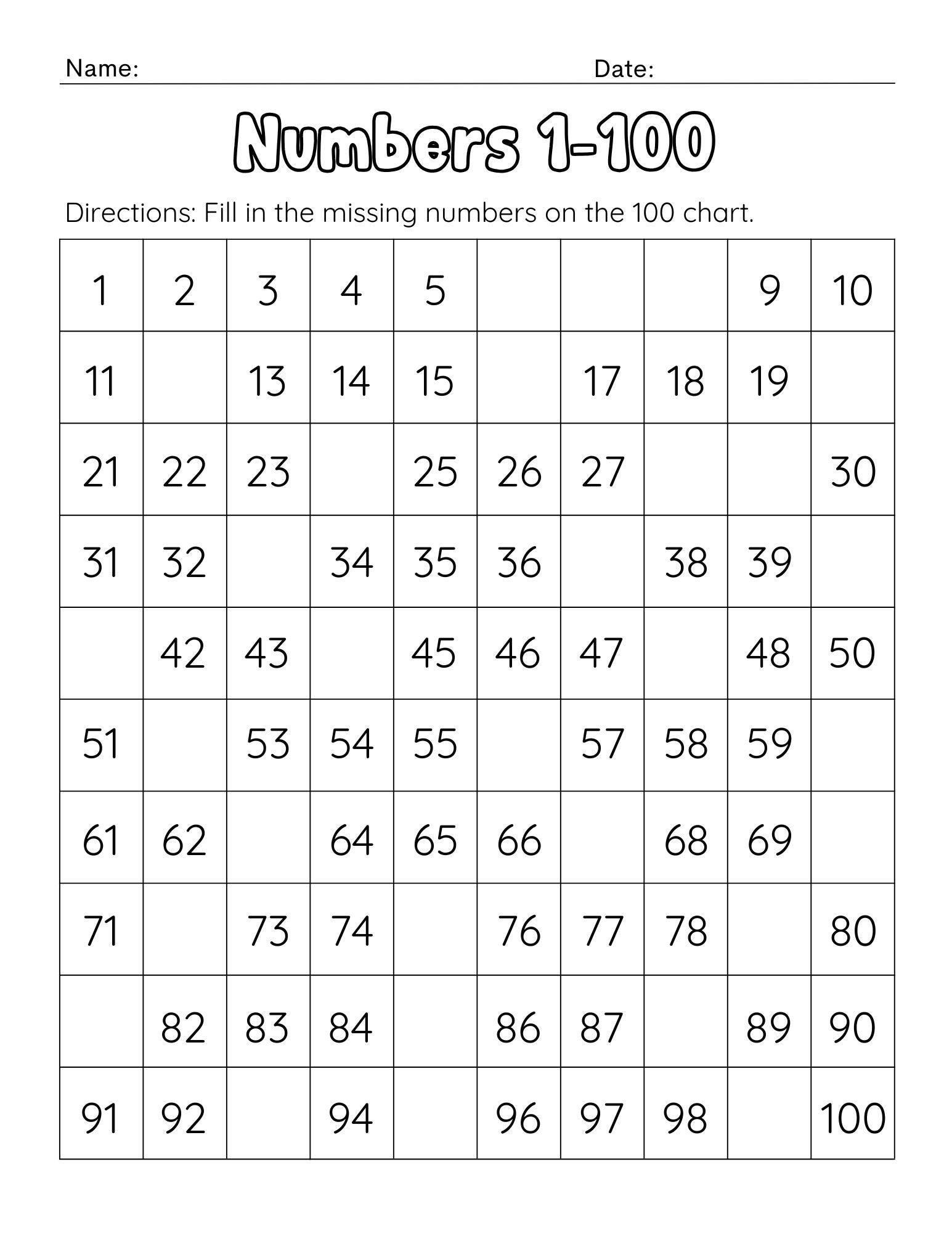 12 Printable Missing Numbers Chart 1–100, Counting to 100, Kindergarten ...