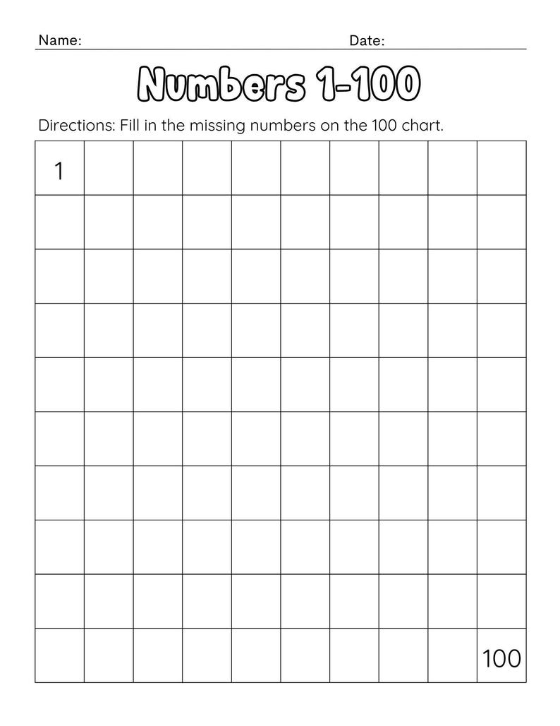 12 Printable Missing Numbers Chart 1–100, Counting to 100, Kindergarten ...