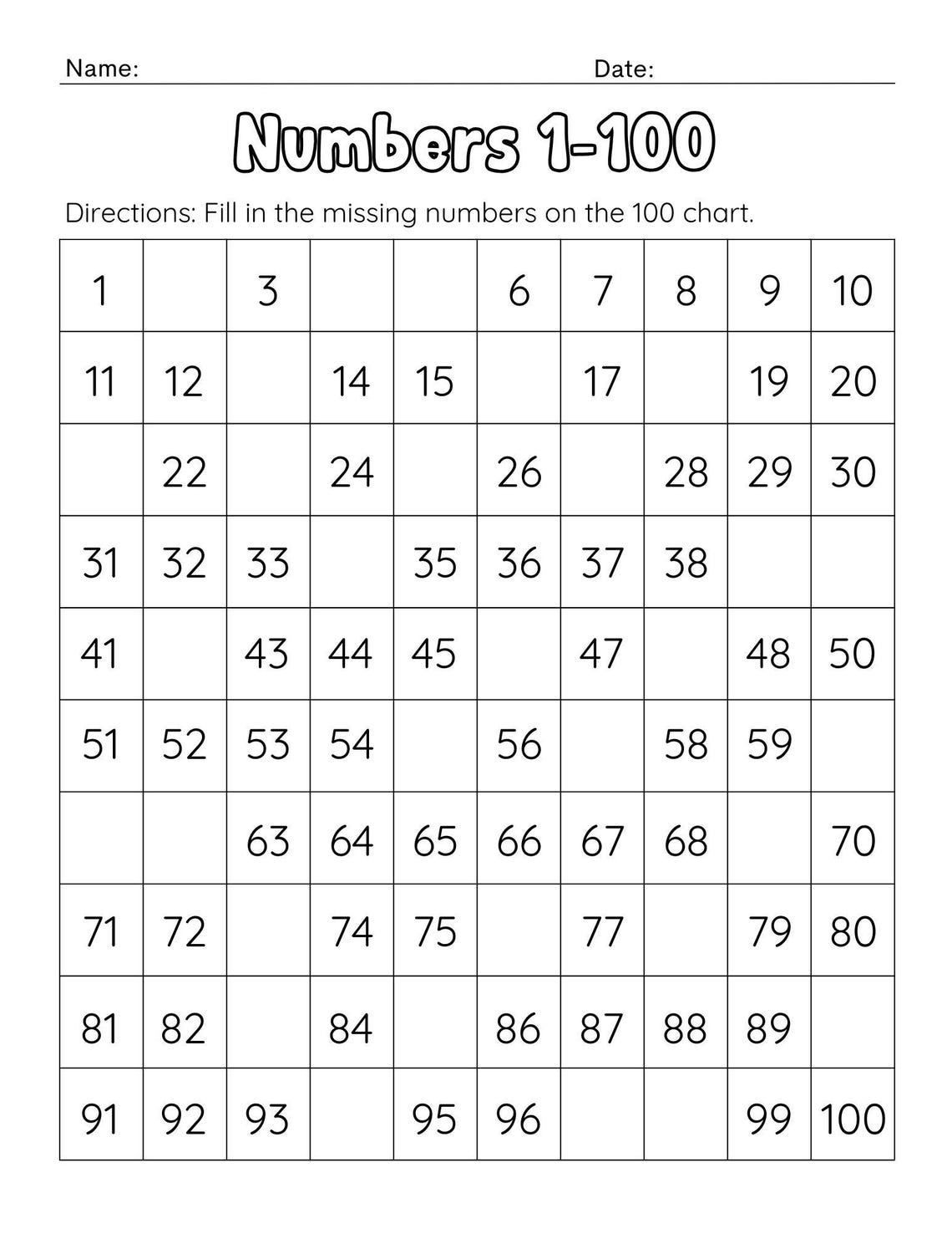 12 Printable Missing Numbers Chart 1–100, Counting to 100, Kindergarten ...