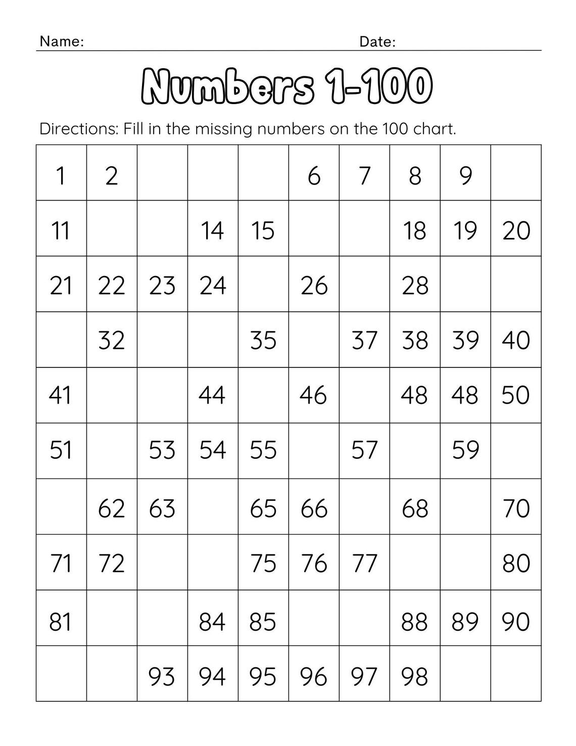 12 Printable Missing Numbers Chart 1–100, Counting to 100, Kindergarten ...