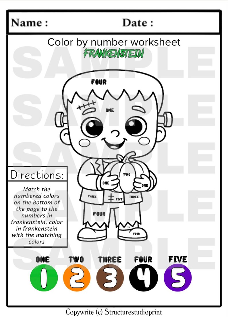 Frankenstein Color by Number | Halloween Worksheet (PDF) - Etsy