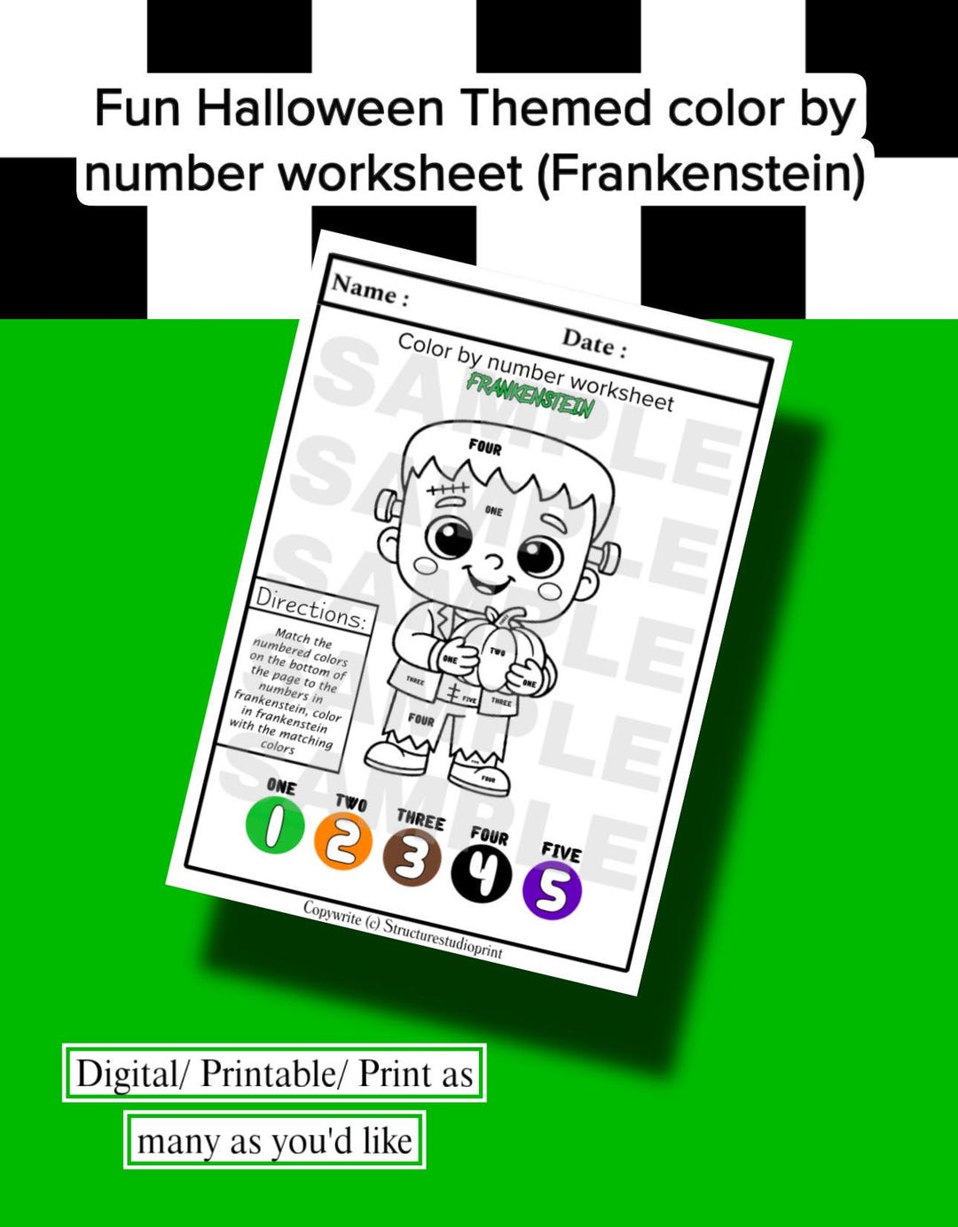 Frankenstein Color by Number | Halloween Worksheet (PDF) - Etsy