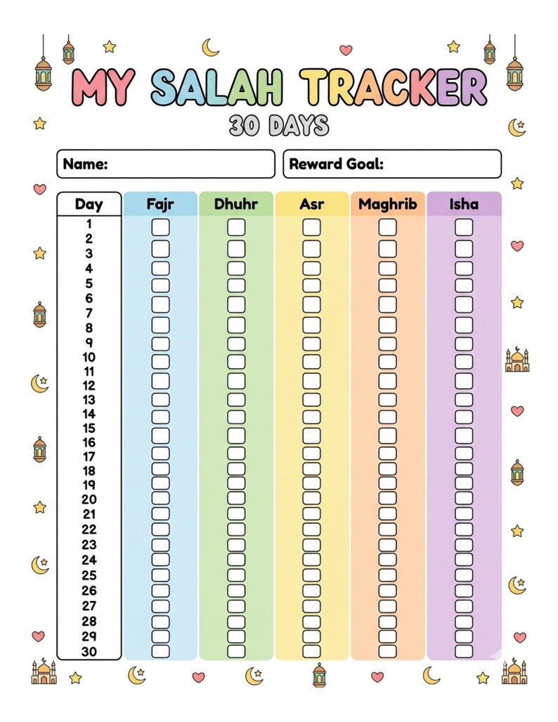 30 Day Salah Tracker for Kids Printable Islamic Prayer Chart Daily ...