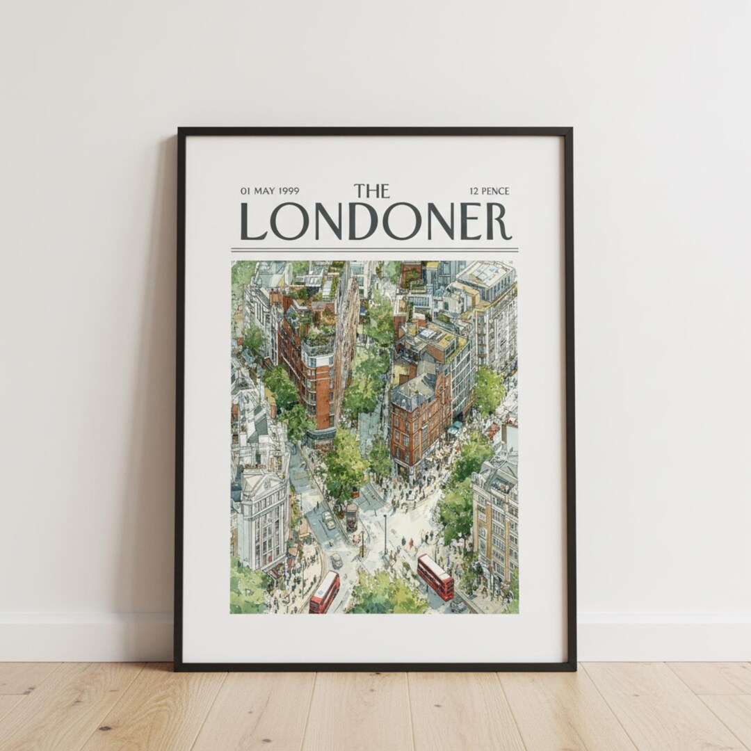 London Street Scene Poster Vintage Red Bus Phone Booth Illustration ...