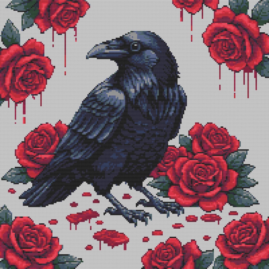 Gothic Raven With Bleeding Roses Cross Stitch Pattern PDF | Dark Roses ...