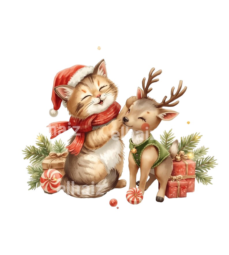 Vintage Watercolor Christmas Cat Clipart, Holiday PNG (digital Download ...