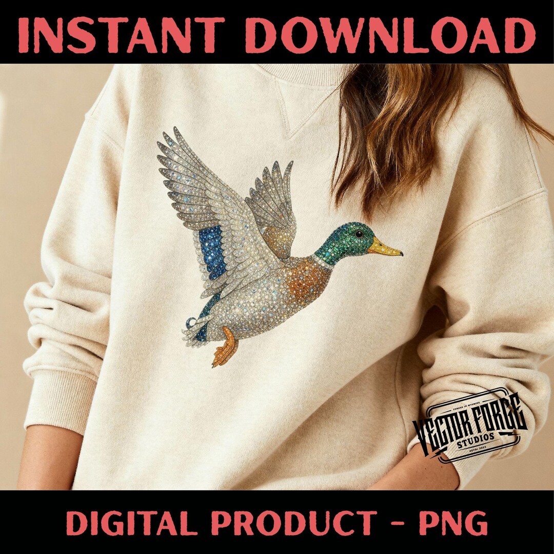 Faux Rhinestone Mallard Duck Flying, Digital Design, PNG, Sublimation ...