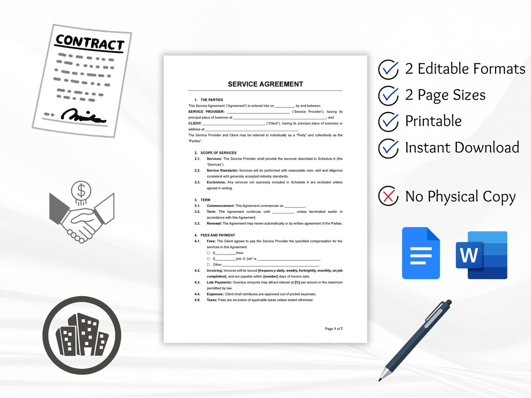 Service Agreement Template | Editable Contract | Google Docs, Word | A4 ...