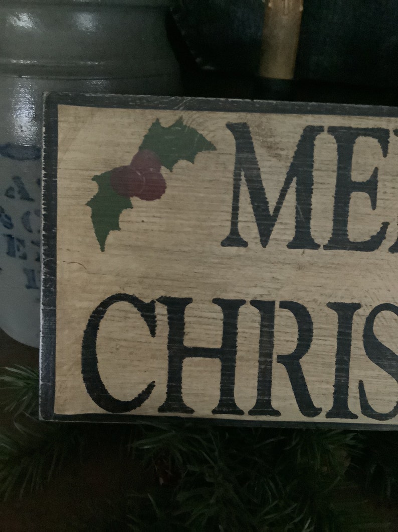 Primitive - Merry Christmas W/ Holly - Handpainted Sign - Antiqued ...