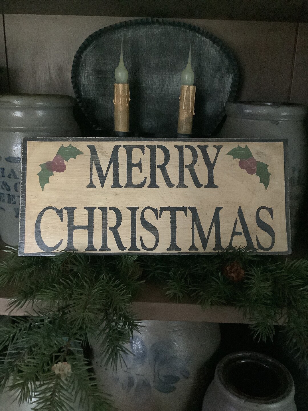 Primitive - Merry Christmas W/ Holly - Handpainted Sign - Antiqued ...