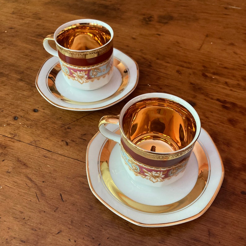 PAIR of Ruční Práce MZA Czecholslovakia Teacup and Saucers Sets, Gold ...