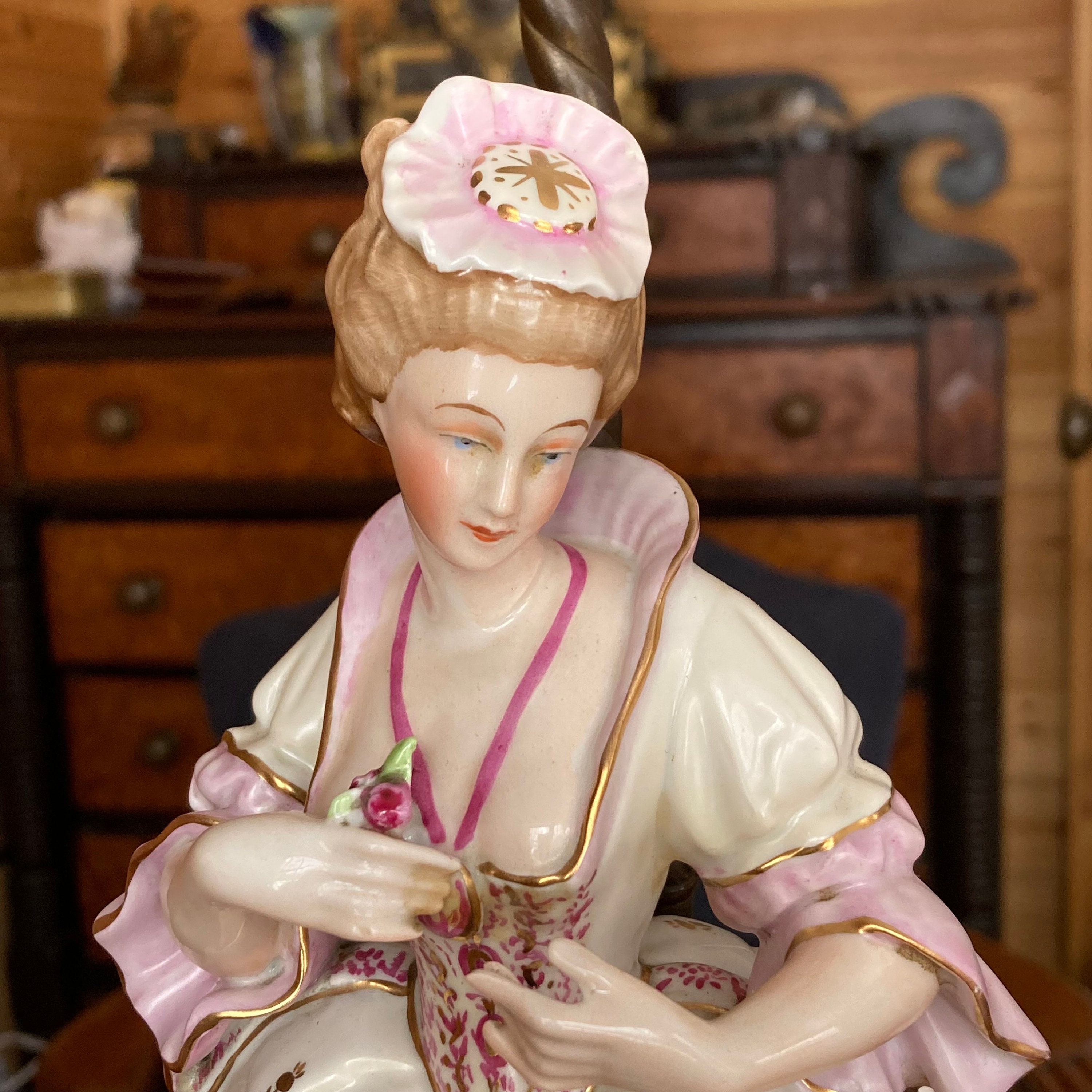 Vintage German Kalk Porcelain Woman Figural Lamp 30" Brass Base Double ...