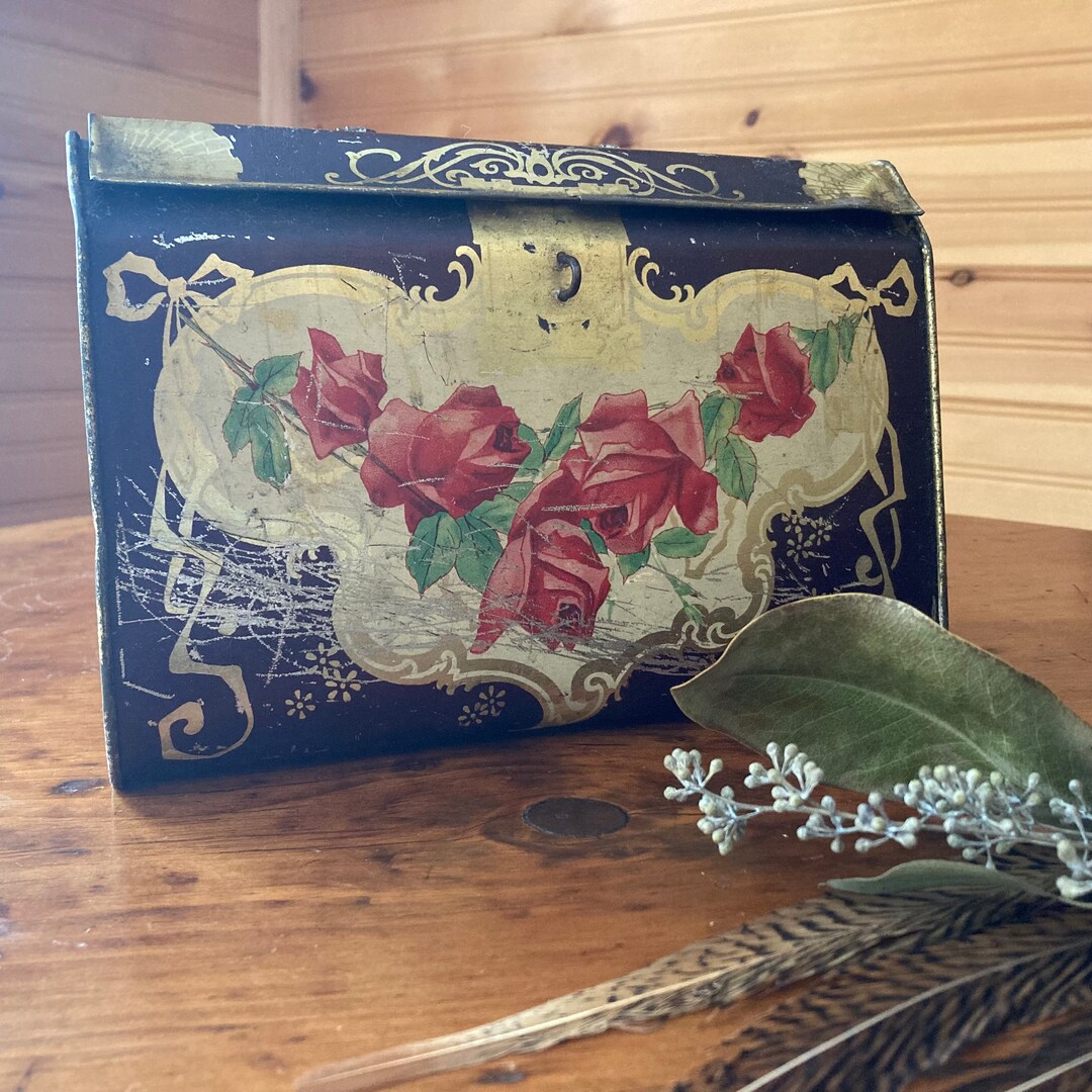 Antique Hudson Scott & Sons Hinged Tin W Roses Seashells RARE C 1900 ...