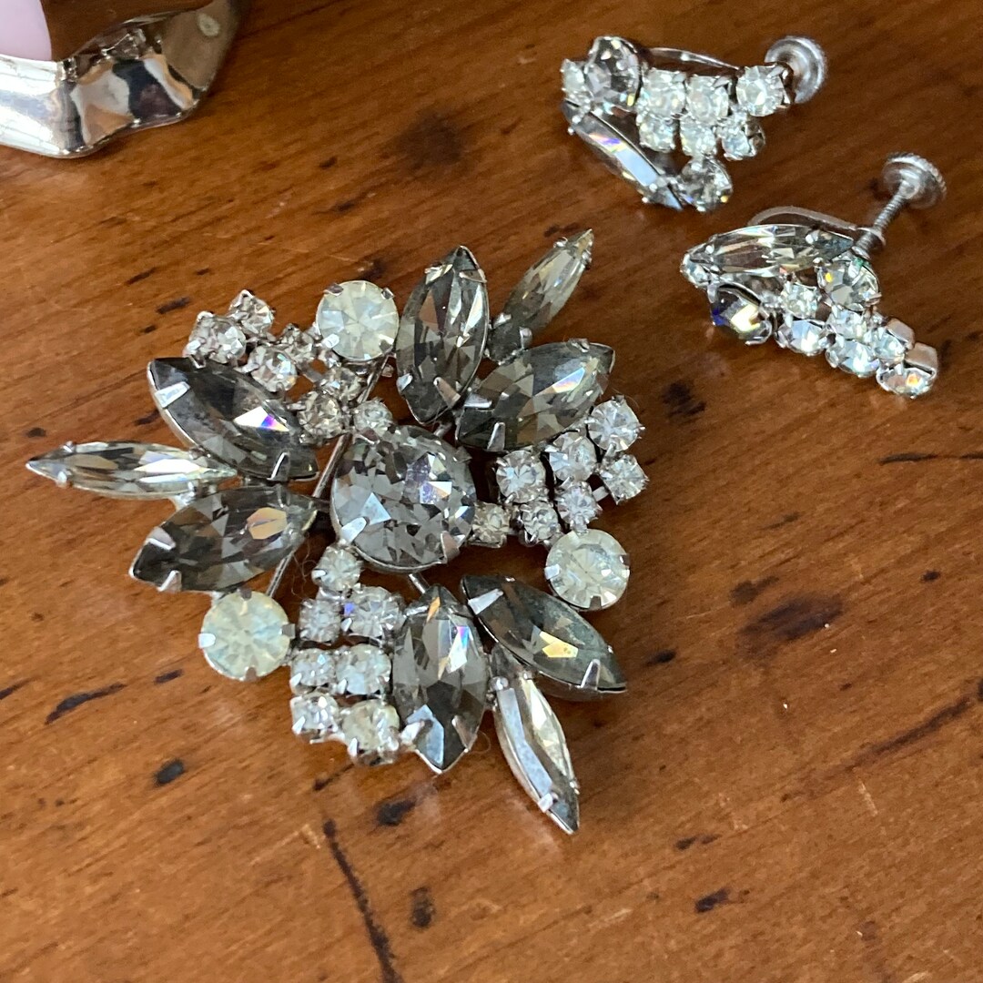 Sherman Brooch and Earrings Set, Vintage Unsigned Clear and Smoke ...