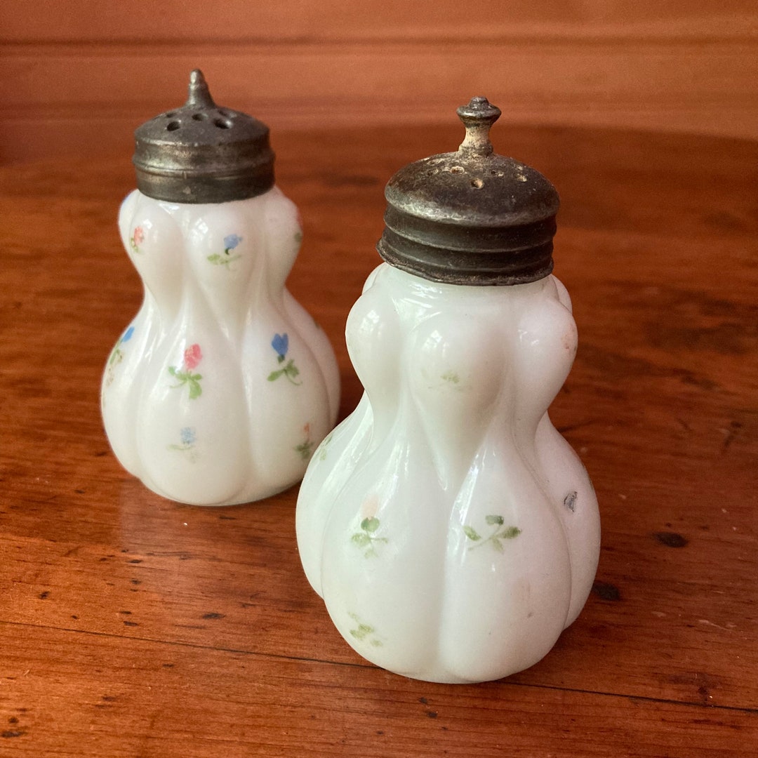 PAIR Antique White Opalware Milk Glass Salt Pepper Sugar Shakers ...