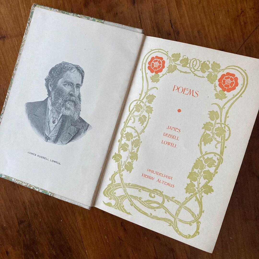 Antique Book POEMS by James Russell Lowell, Green Floral and Gold Cover ...