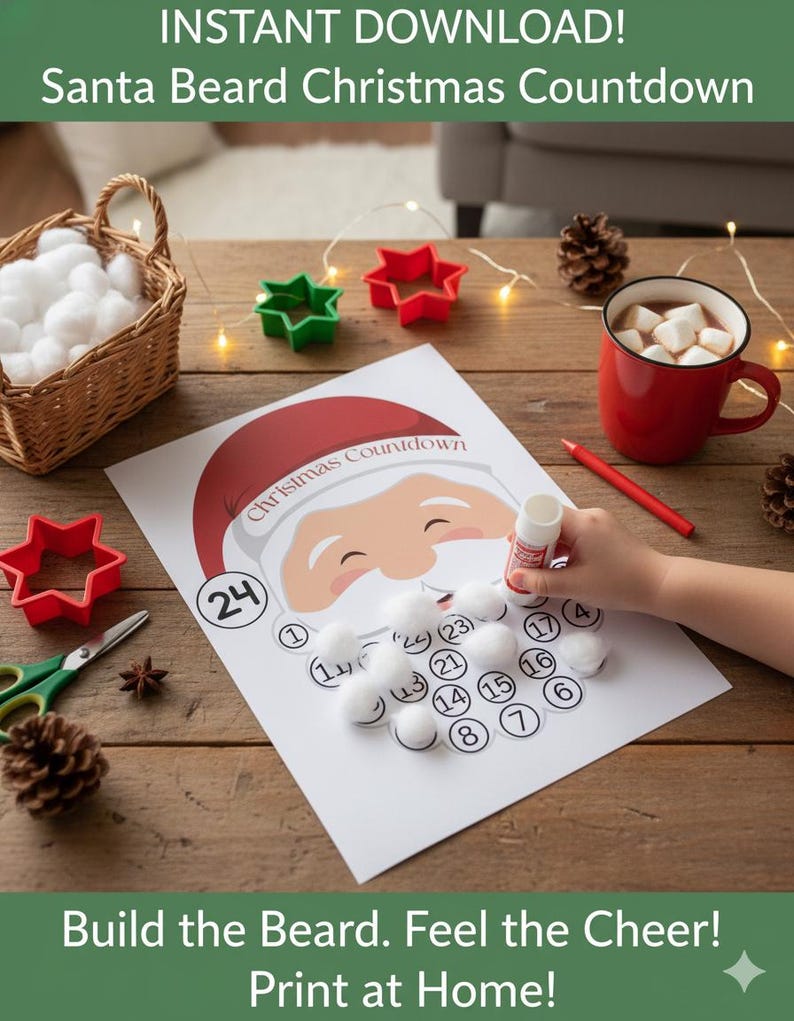 Santa Beard Christmas Countdown Printable: Kids Advent Calendar (PDF ...