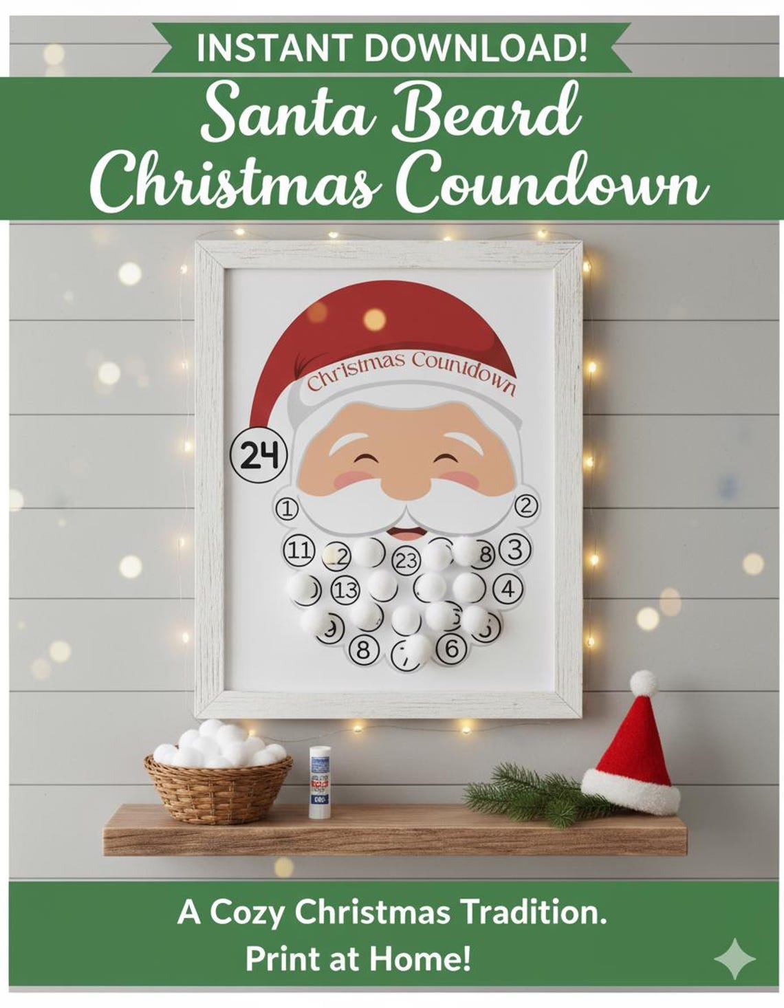 Santa Beard Christmas Countdown Printable: Kids Advent Calendar (PDF ...