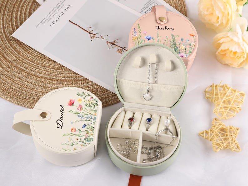 Personalized Leather Travel Jewelry Box, Custom Engraved Birth Flower ...