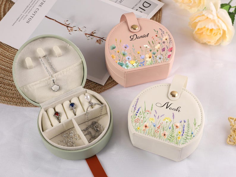 Personalized Leather Travel Jewelry Box, Custom Engraved Birth Flower ...